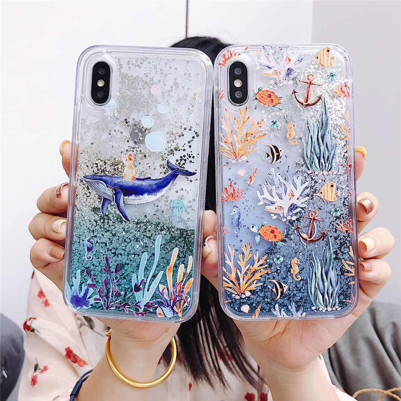 Dolphin Coral Liquid Glitter Case For Iphone 12 Mini 11 Pro Max Xs Xr X ...