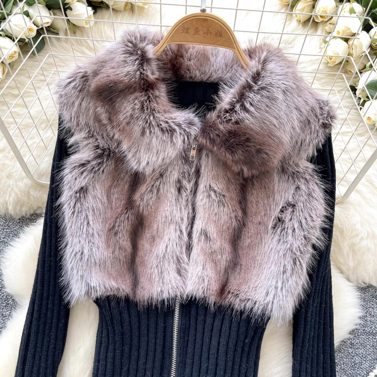 Faux Fur Trim Ribbed Sweater With Zipper on Luulla