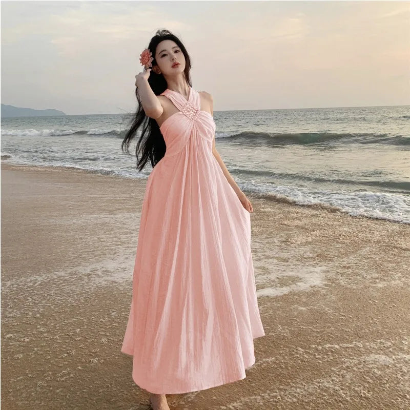 Flowing Pink Beach Maxi Dress With Flower Detail on Luulla