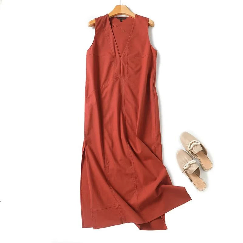 Sleeveless Rust Midi Dress With Side Slits on Luulla