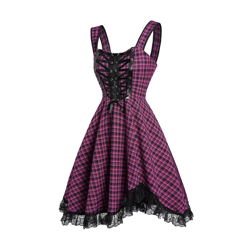 Gothic Plaid Corset Dress With Lace Hem on Luulla