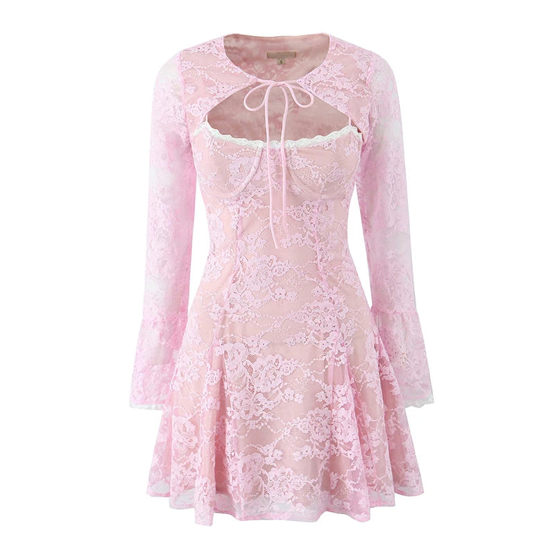 Pink Floral Lace Dress With Flare Sleeves on Luulla