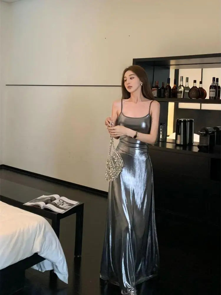 Shiny Silver Satin Maxi Dress For Women on Luulla