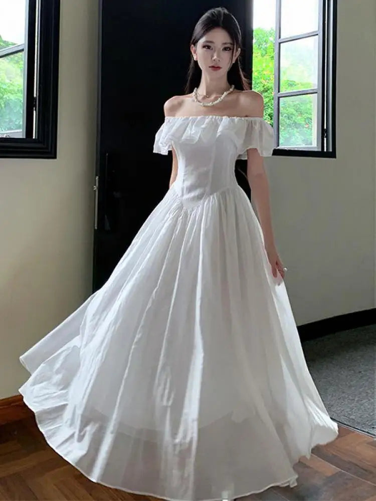 Off-shoulder White Gown With Flowing Skirt on Luulla