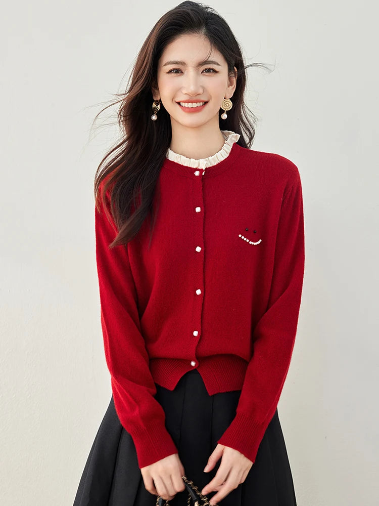Cozy Red Cardigan With Pearl Button Details on Luulla