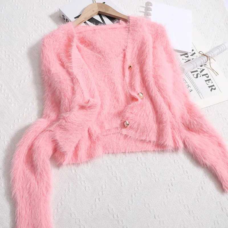 Fluffy Pink Open-front Cardigan With Buttons on Luulla