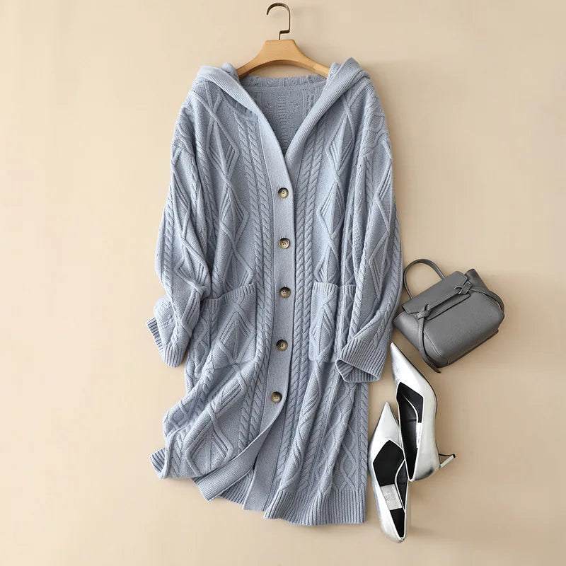 Cozy Hooded Longline Cable Knit Cardigan Sweater on Luulla