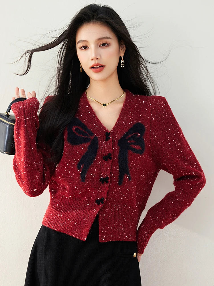 Red Button-up Cardigan With Bow Accent Design on Luulla