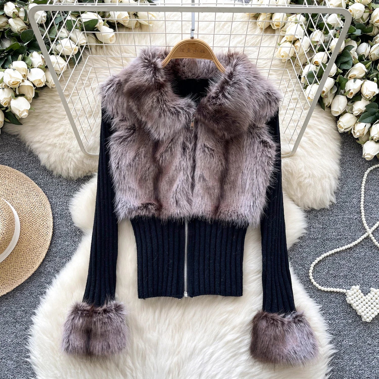 Faux Fur Trim Ribbed Sweater With Zipper on Luulla