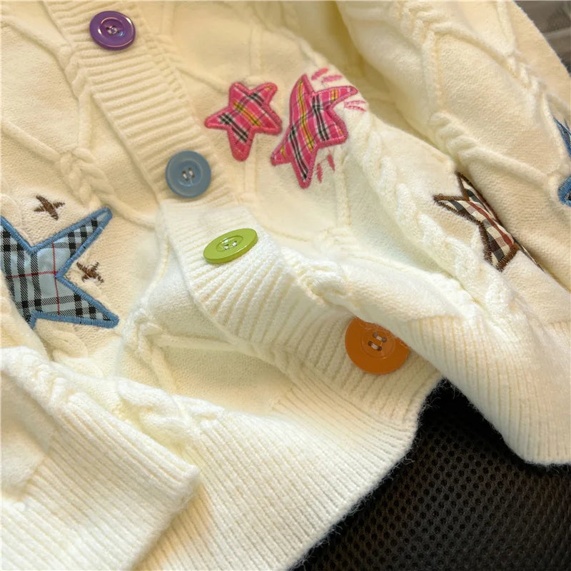 Colorful Button Cable Knit Cardigan With Patches on Luulla