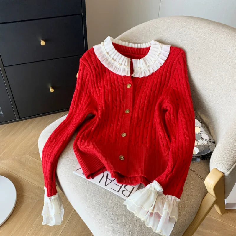 Red Cable Knit Cardigan With Ruffled Collar Sleeves on Luulla