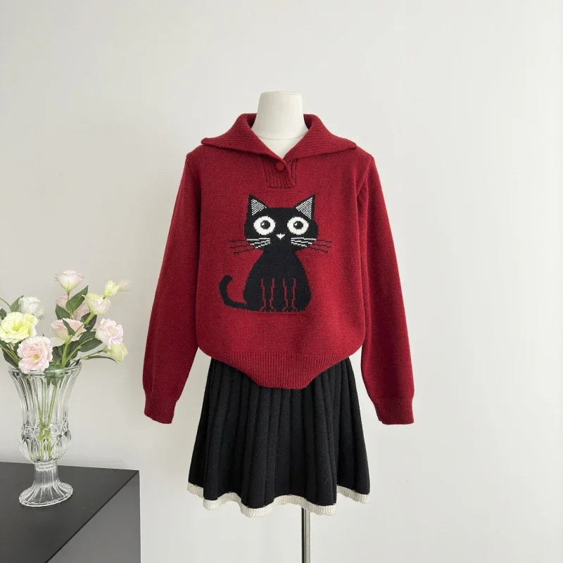 Cozy Red Sweater With Adorable Cat Design on Luulla