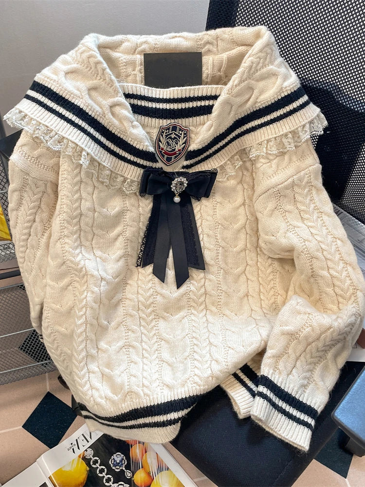 Sailor Collar Cable Knit Sweater With Brooch on Luulla