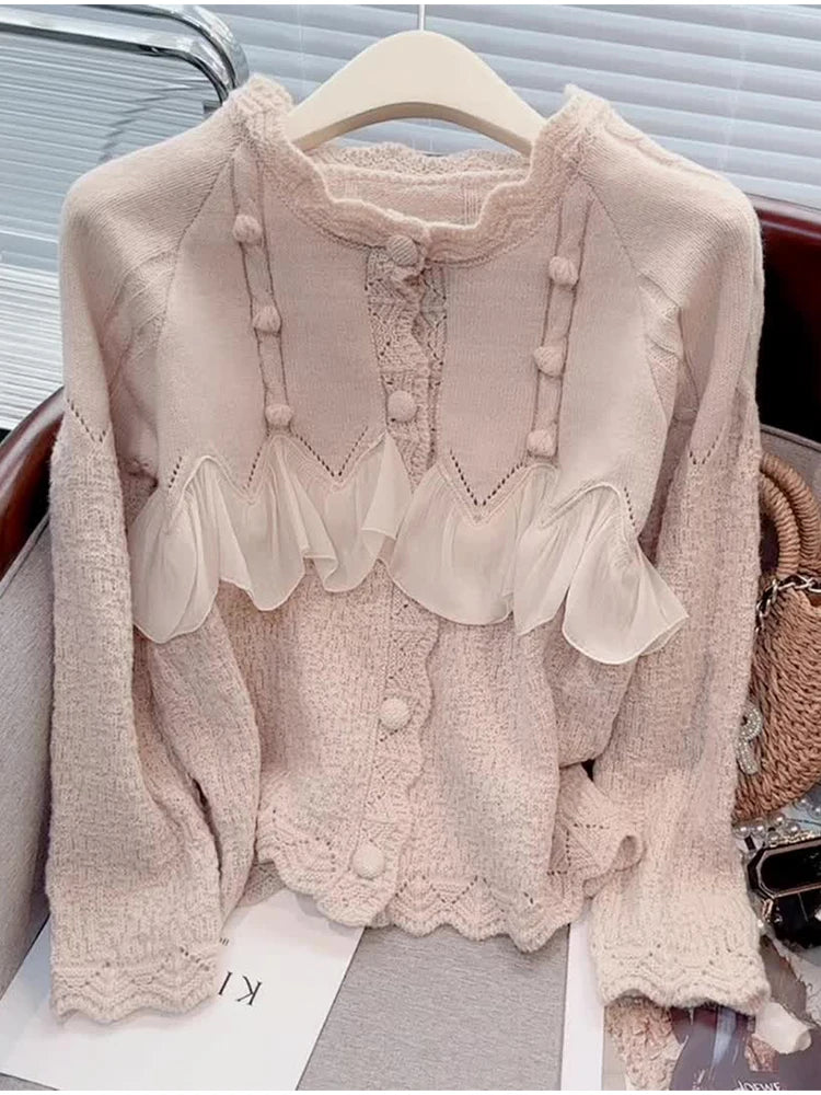 Soft Knit Cardigan With Ruffle Button Details on Luulla