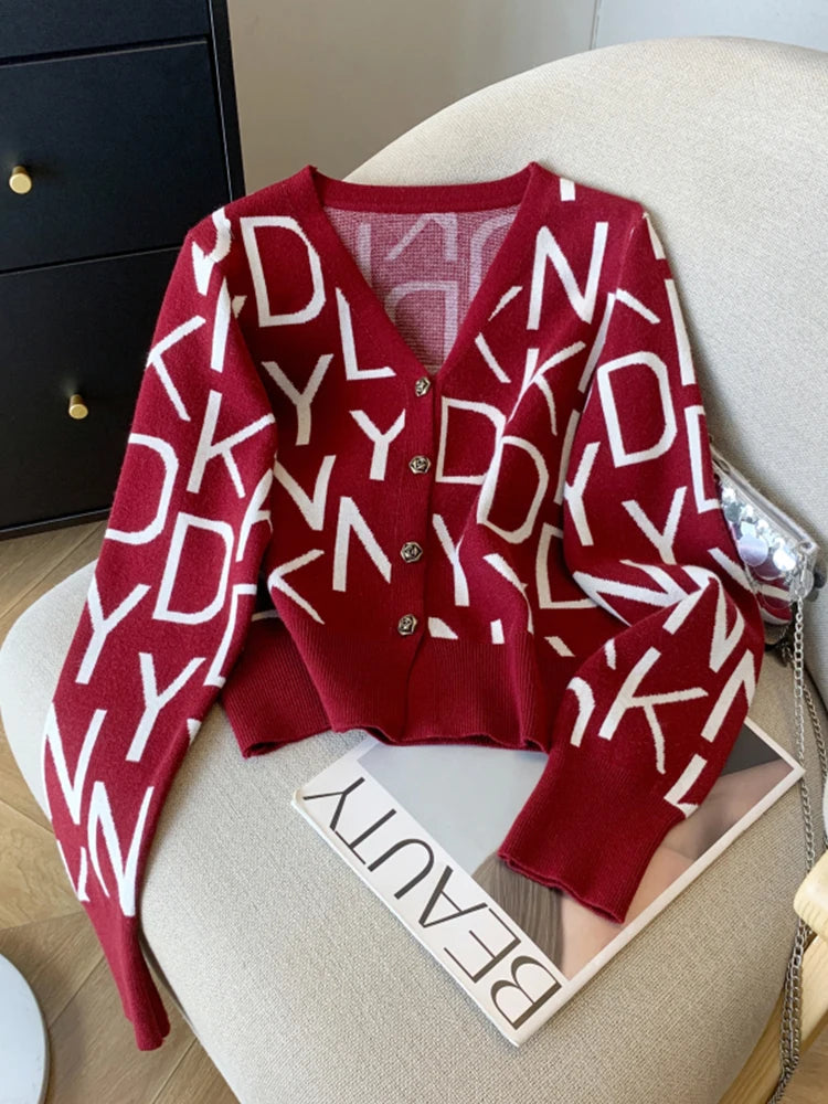 Luxury Red Knit Cardigan With Bold Letters on Luulla