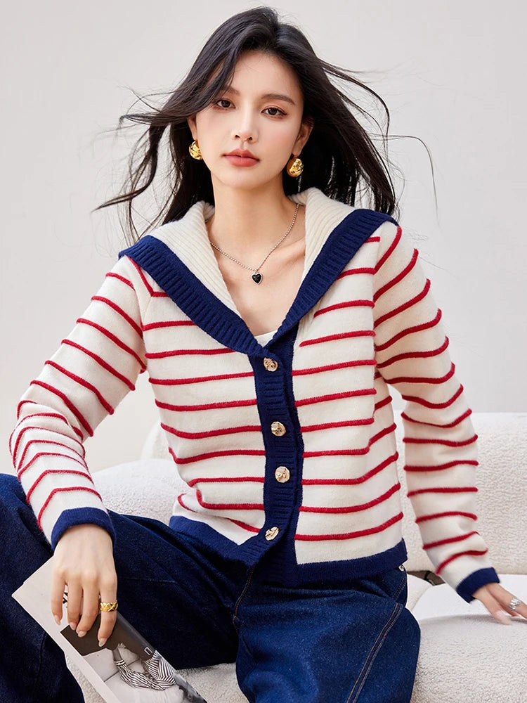 Striped Button-down Cardigan With Sailor Collar on Luulla