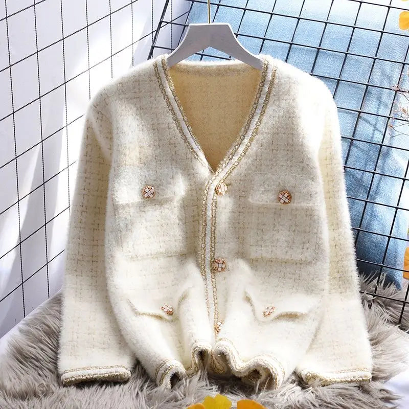 Plush Textured Knit Cardigan With Pearl Buttons on Luulla