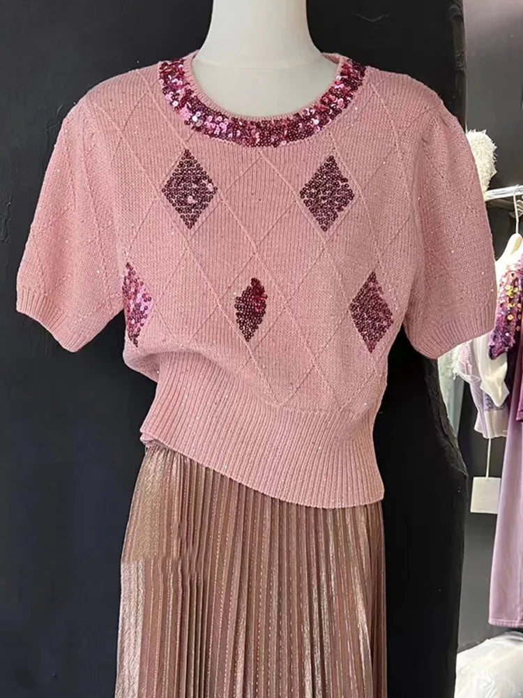 Pink Knit Top With Sequin Diamond Pattern on Luulla