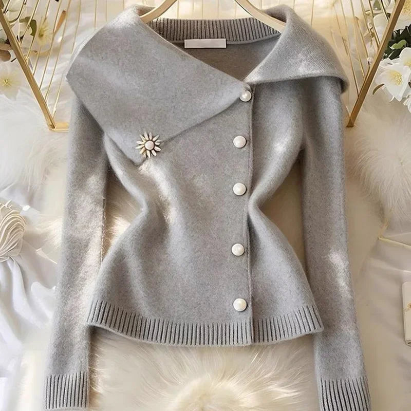 Asymmetrical Gray Cardigan With Pearl Button Accents on Luulla
