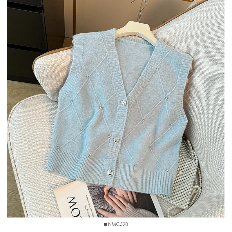 Light Blue Knit Vest With Heart Buttons on Luulla