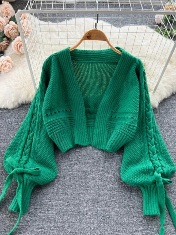 Green Cable Knit Cardigan With Ribbon Sleeves on Luulla