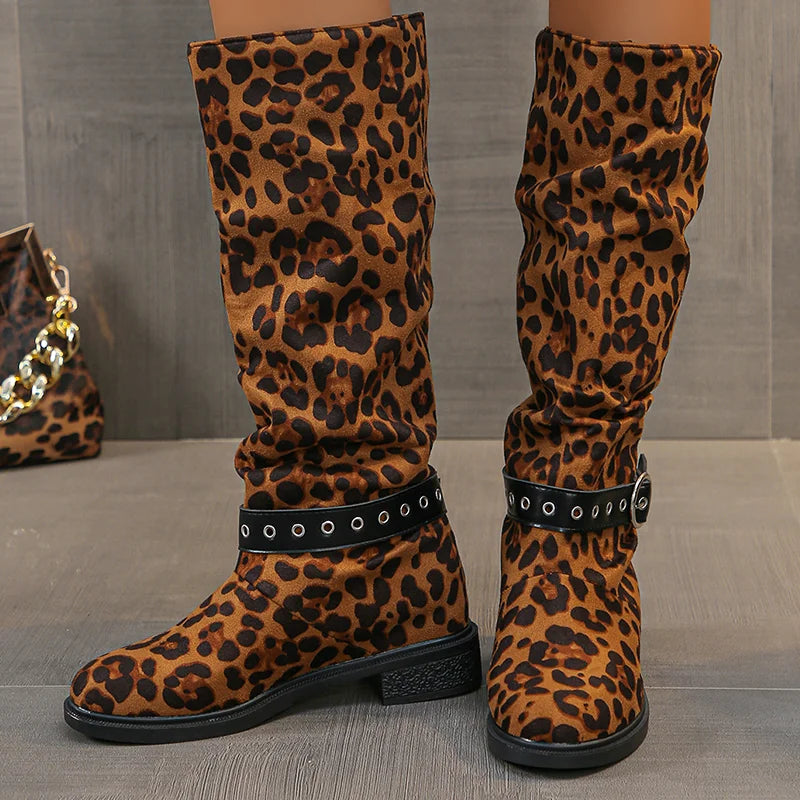 Leopard Print Knee-high Slouch Boots With Buckles on Luulla