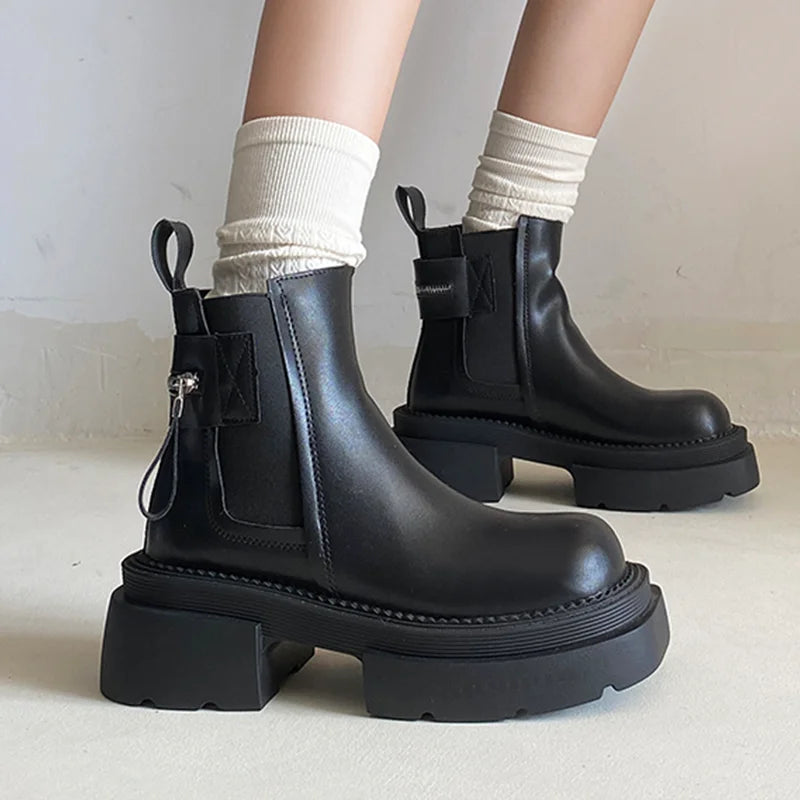 Chunky Platform Black Leather Ankle Boots Trendy on Luulla