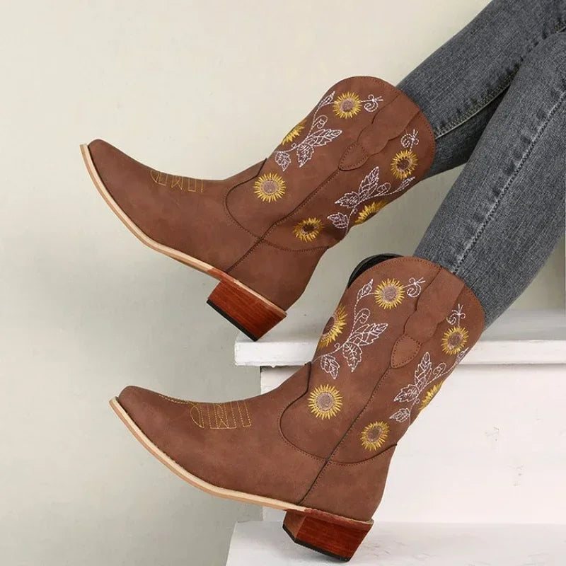 Womens Embroidered Sunflower Western Cowboy Boots on Luulla