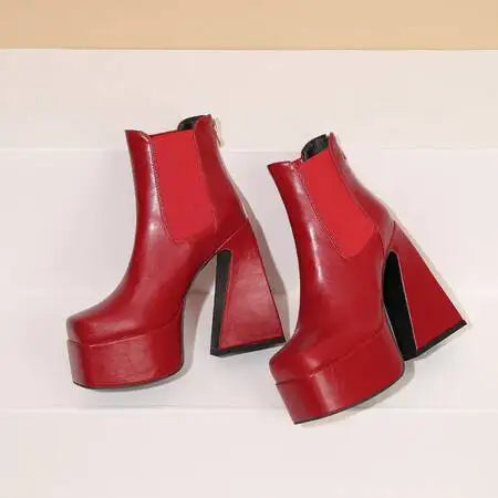 Stylish Red Platform Ankle Boots With Chunky Heels on Luulla