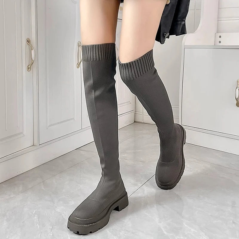 Stretchy Over-the-knee Ribbed Knit Boots on Luulla