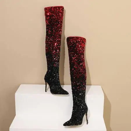Sparkling Red And Black Sequin Thigh-high Boots on Luulla
