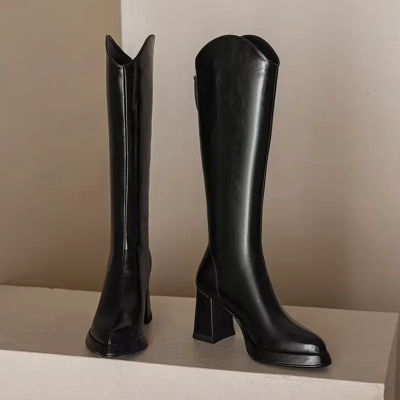 Womens Tall Black Leather Heeled Riding Boots on Luulla