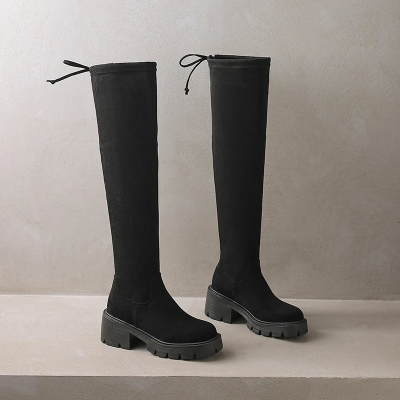Black Tall Stretchy High Heel Boots With Ties on Luulla