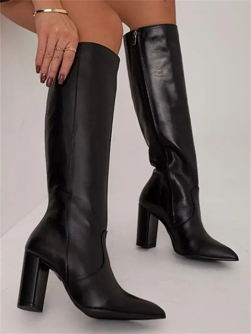 Womens Black Knee-high Boots With Block Heels on Luulla