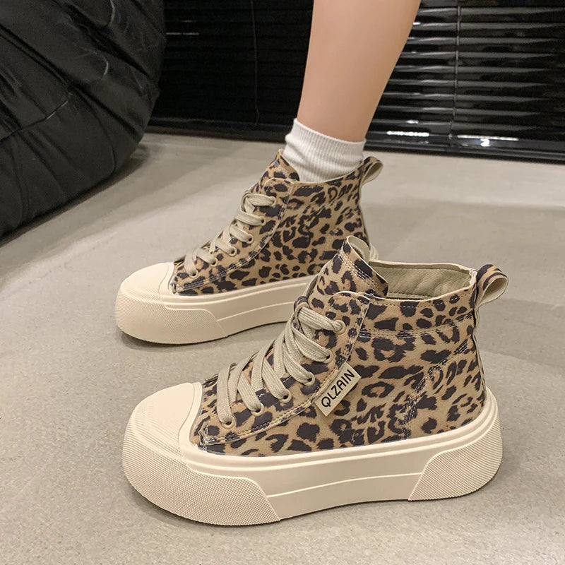Leopard Print High Top Canvas Platform Sneakers on Luulla
