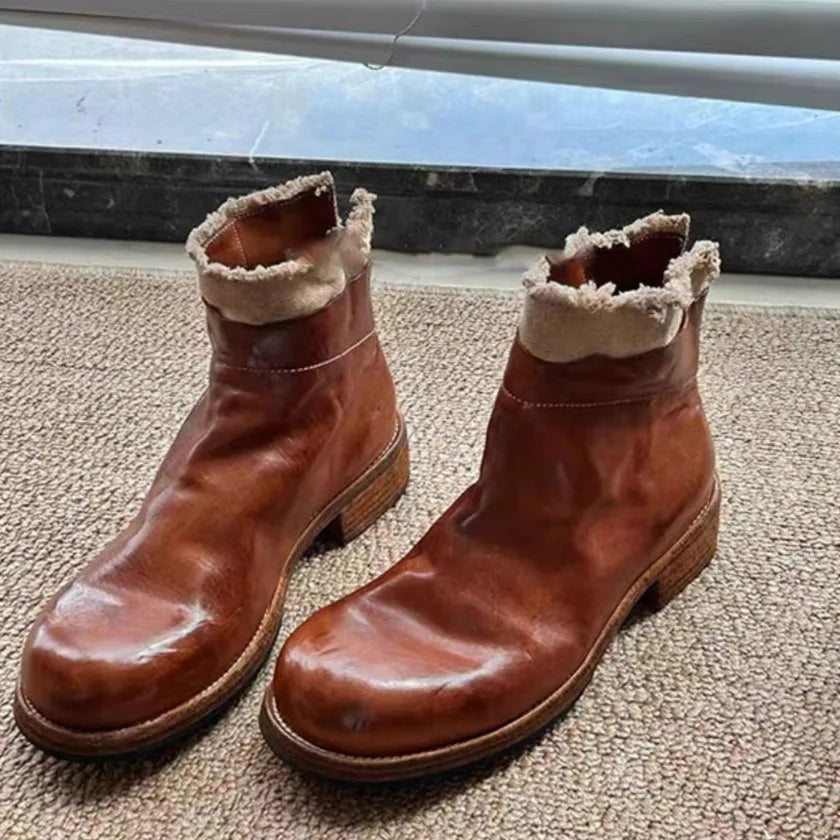 Vintage Brown Leather Ankle Boots With Frayed Trim on Luulla