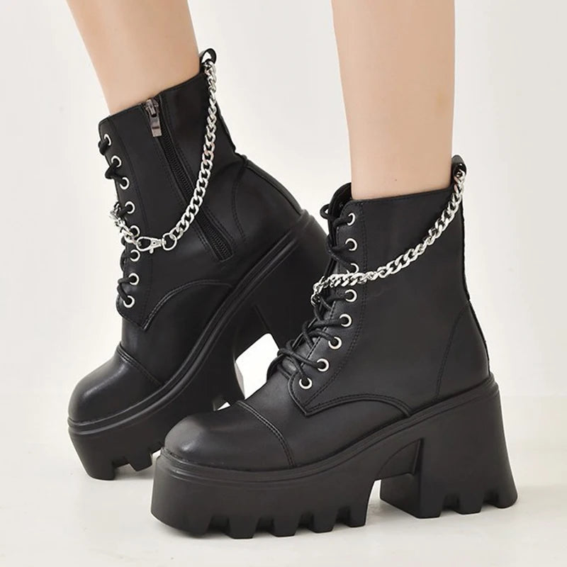 Black Chunky Platform Boots With Chain Detail on Luulla